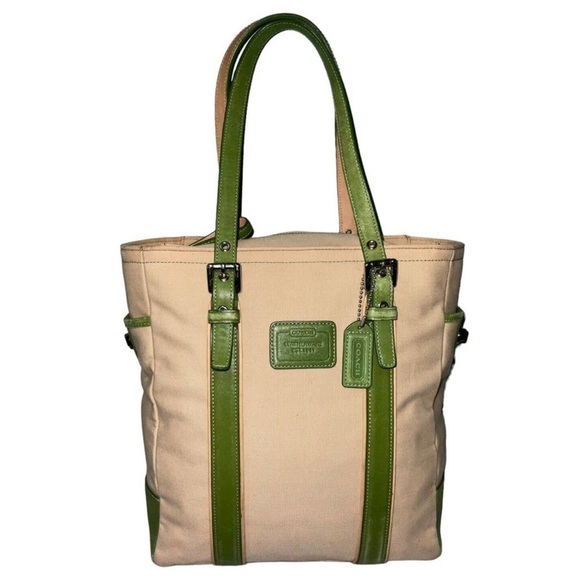Coach | Bags | Coach Vintage Leaf Green And Tan Canvas Leather Trim Turn Lock Small Tot | Poshmark